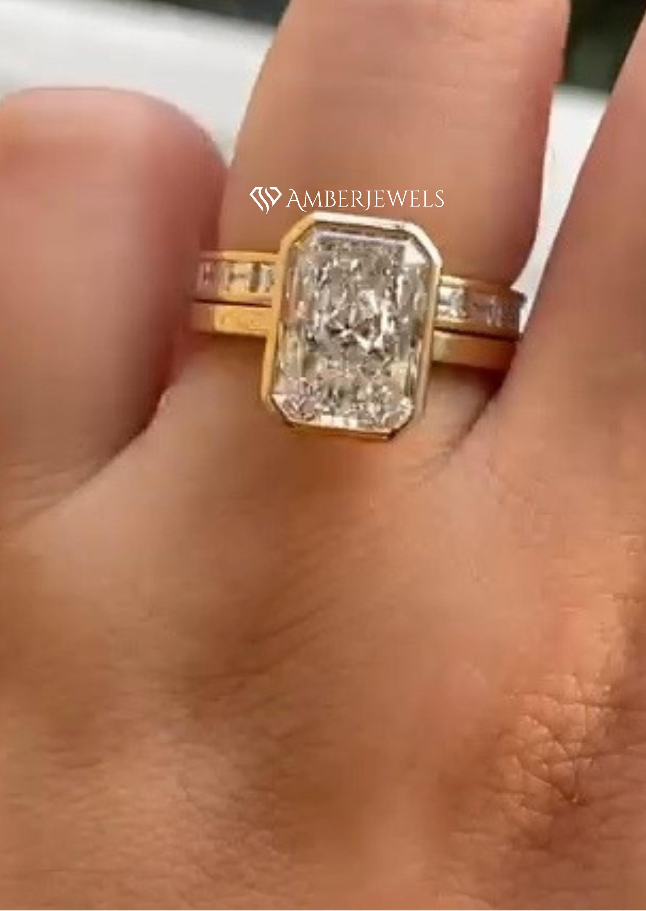 Iced Out Radiant Cut Moissanite Bezel Set Engagement Ring Set, Radiant ...