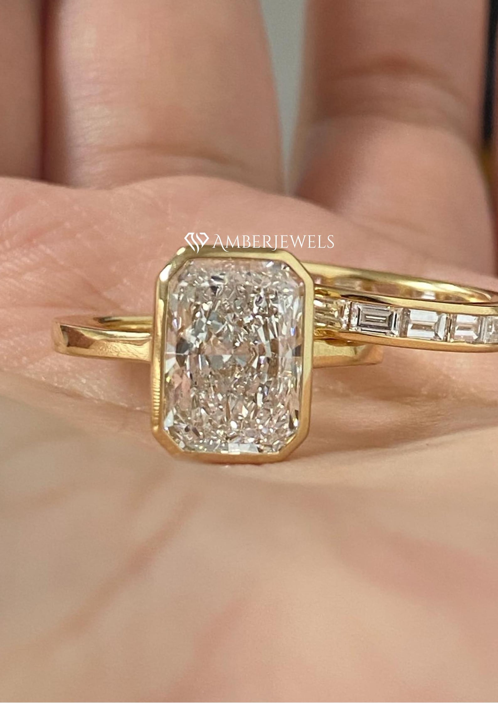 Iced Out Radiant Cut Moissanite Bezel Set Engagement Ring Set, Radiant ...