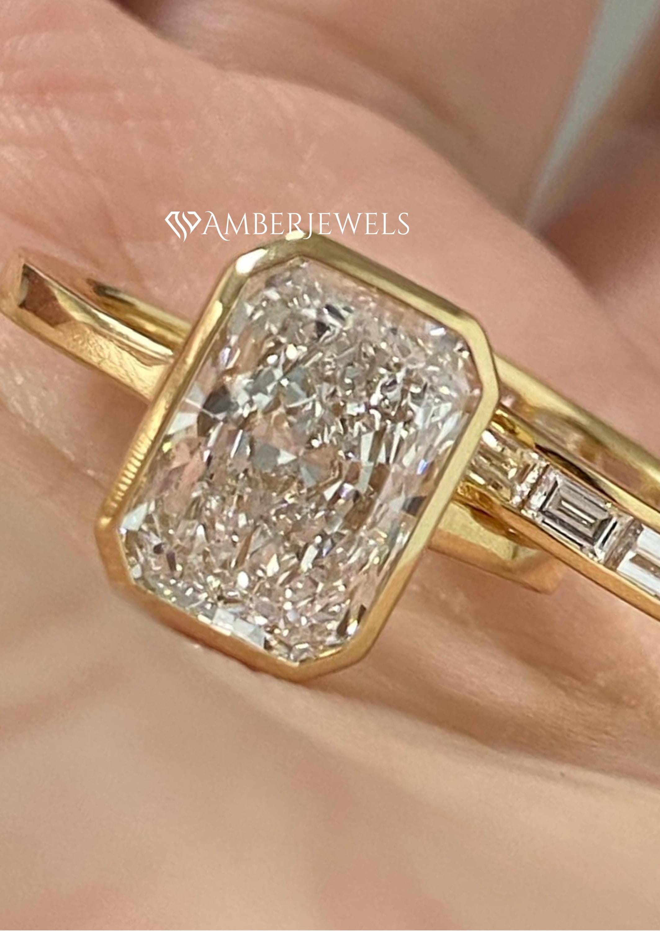 Iced Out Radiant Cut Moissanite Bezel Set Engagement Ring Set, Radiant ...