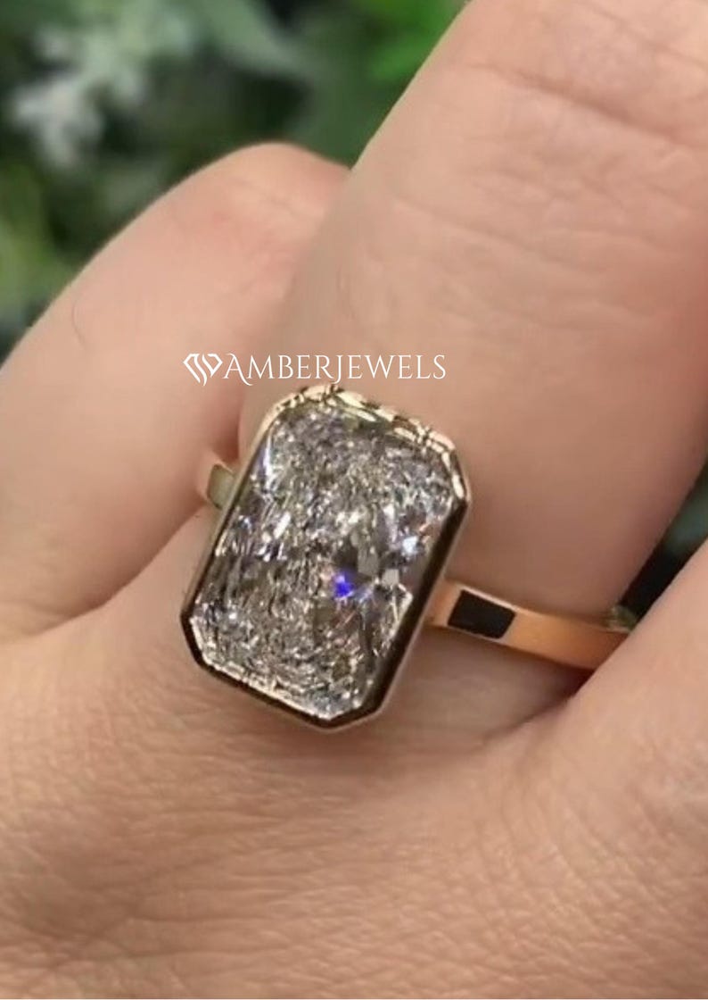 Iced Out Radiant Cut Moissanite Bezel Set Engagement Ring Set, Radiant ...