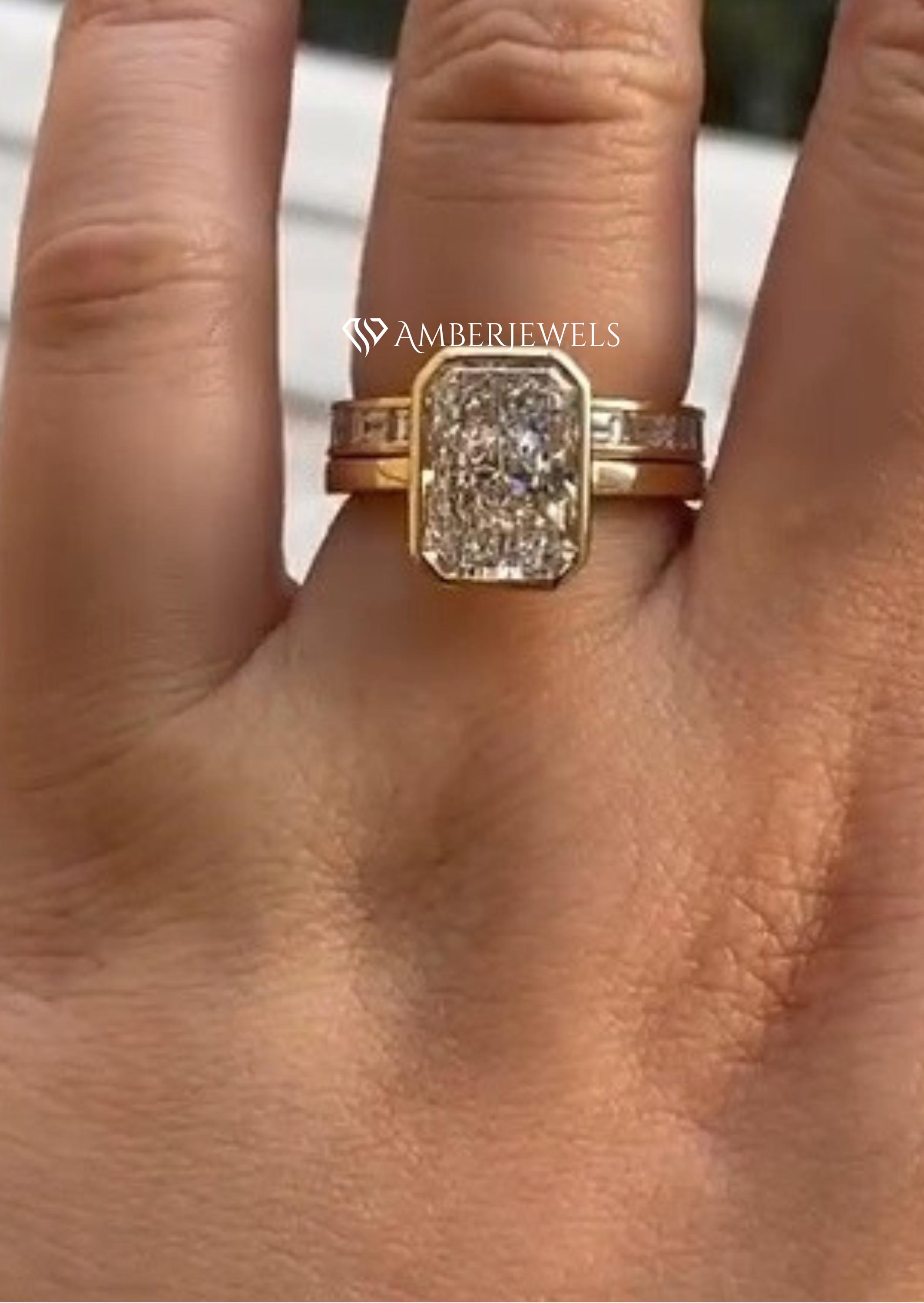 Iced Out Radiant Cut Moissanite Bezel Set Engagement Ring Set, Radiant ...