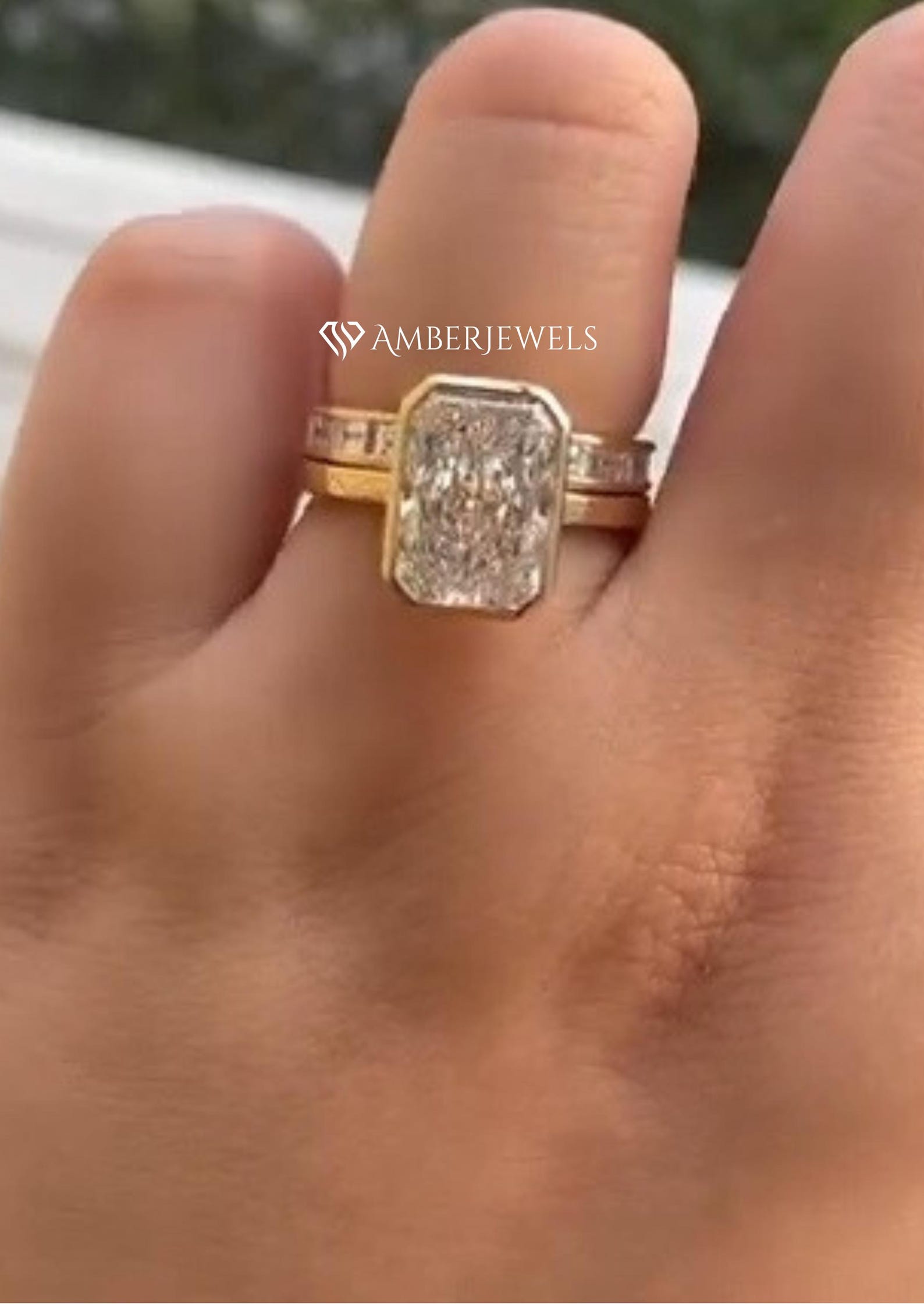 Iced Out Radiant Cut Moissanite Bezel Set Engagement Ring Set, Radiant ...