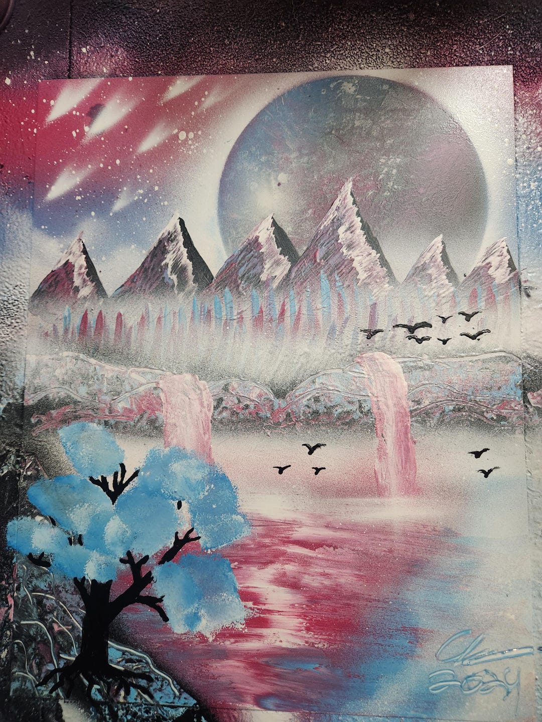 Galaxy Mountain Landscape Spray Paint Art on Poster Board - Etsy