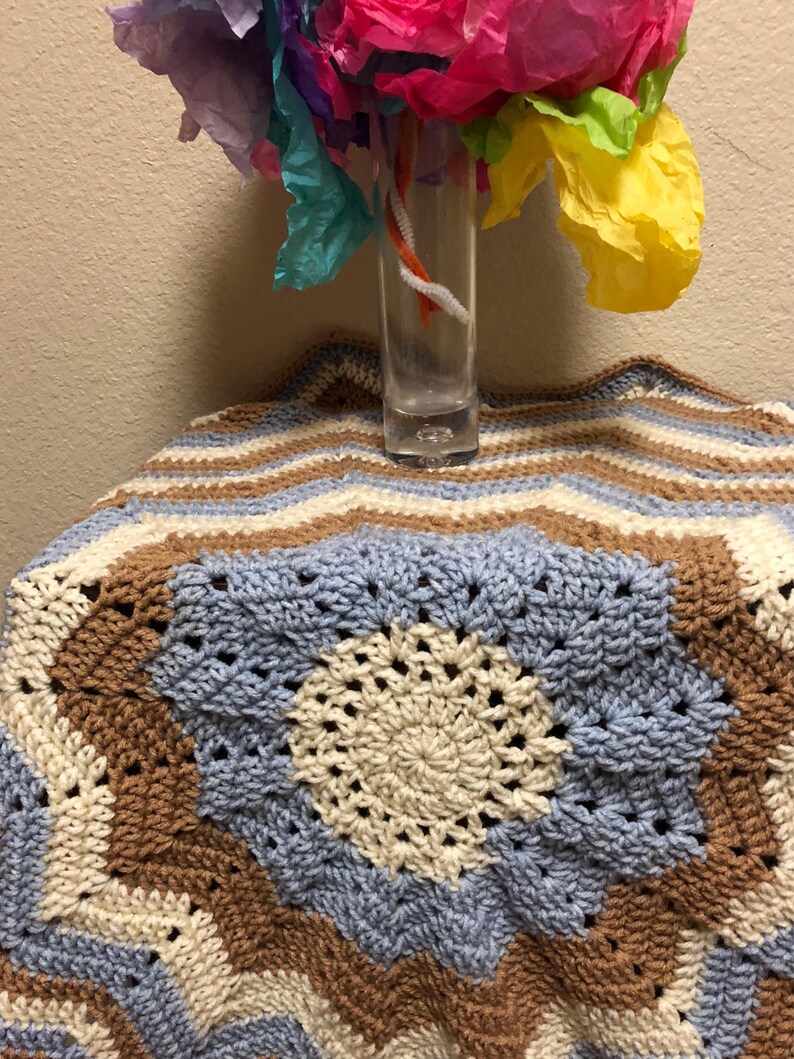 Crocheted Baby 12 Point Star Afghan in Blue Brown and Beige - Etsy