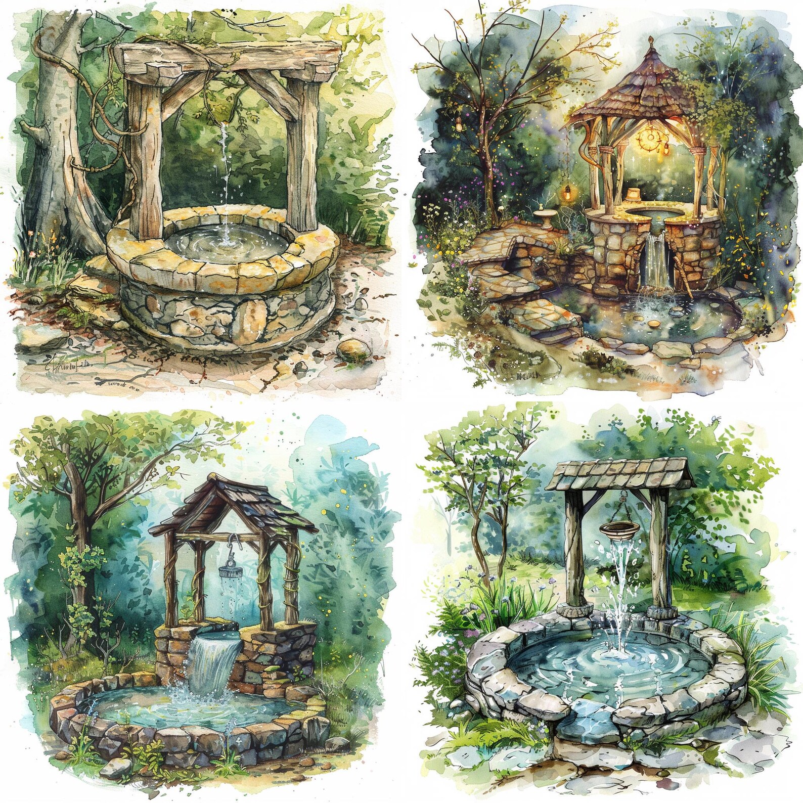 24 Hand Drawn Garden Well Clipart Digital Download, Watercolor Stone ...