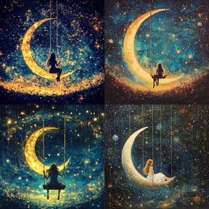 24 Moonlight Swing Clipart, Magical Night Digital Art, Girl on Moon ...