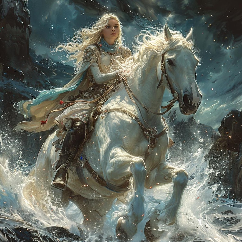 24 Enchanted Princess on White Horse Clipart, Magical Fantasy Art Print ...