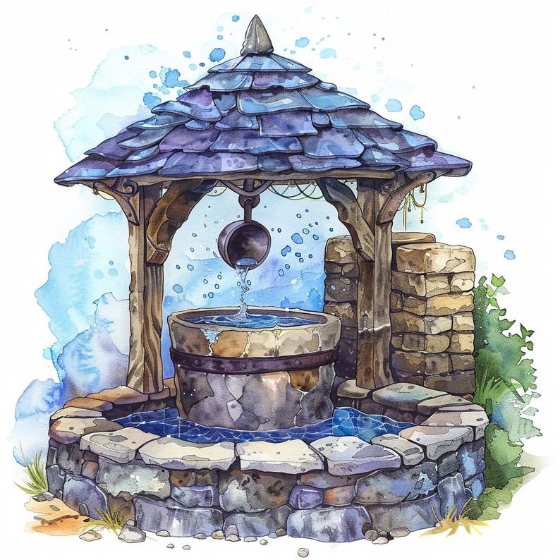 24 Hand Drawn Garden Well Clipart Digital Download, Watercolor Stone ...