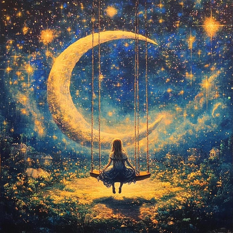 24 Moonlight Swing Clipart, Magical Night Digital Art, Girl on Moon ...