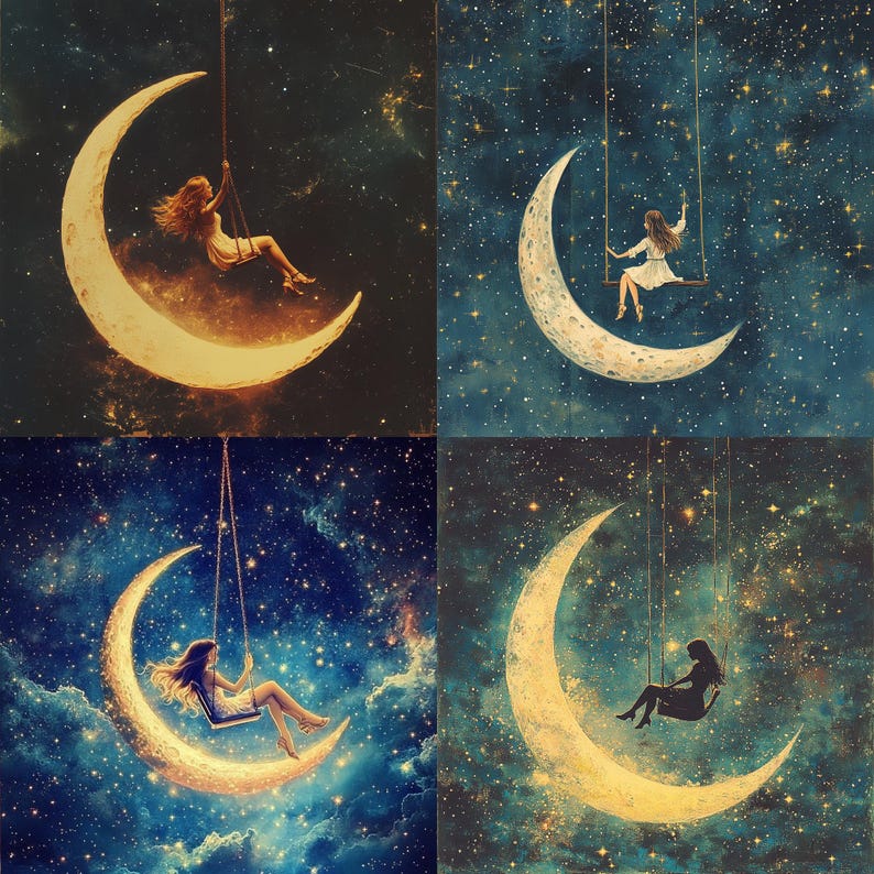 24 Moonlight Swing Clipart, Magical Night Digital Art, Girl on Moon ...