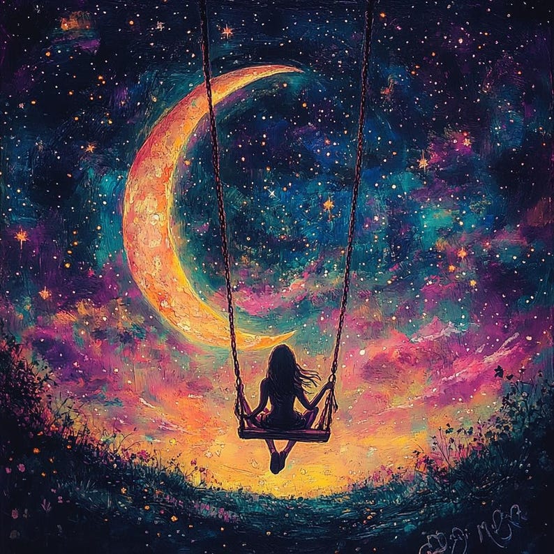 24 Moonlight Swing Clipart, Magical Night Digital Art, Girl on Moon ...