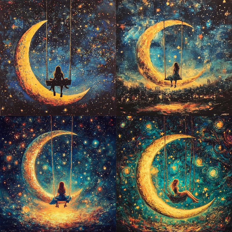 24 Moonlight Swing Clipart, Magical Night Digital Art, Girl on Moon ...