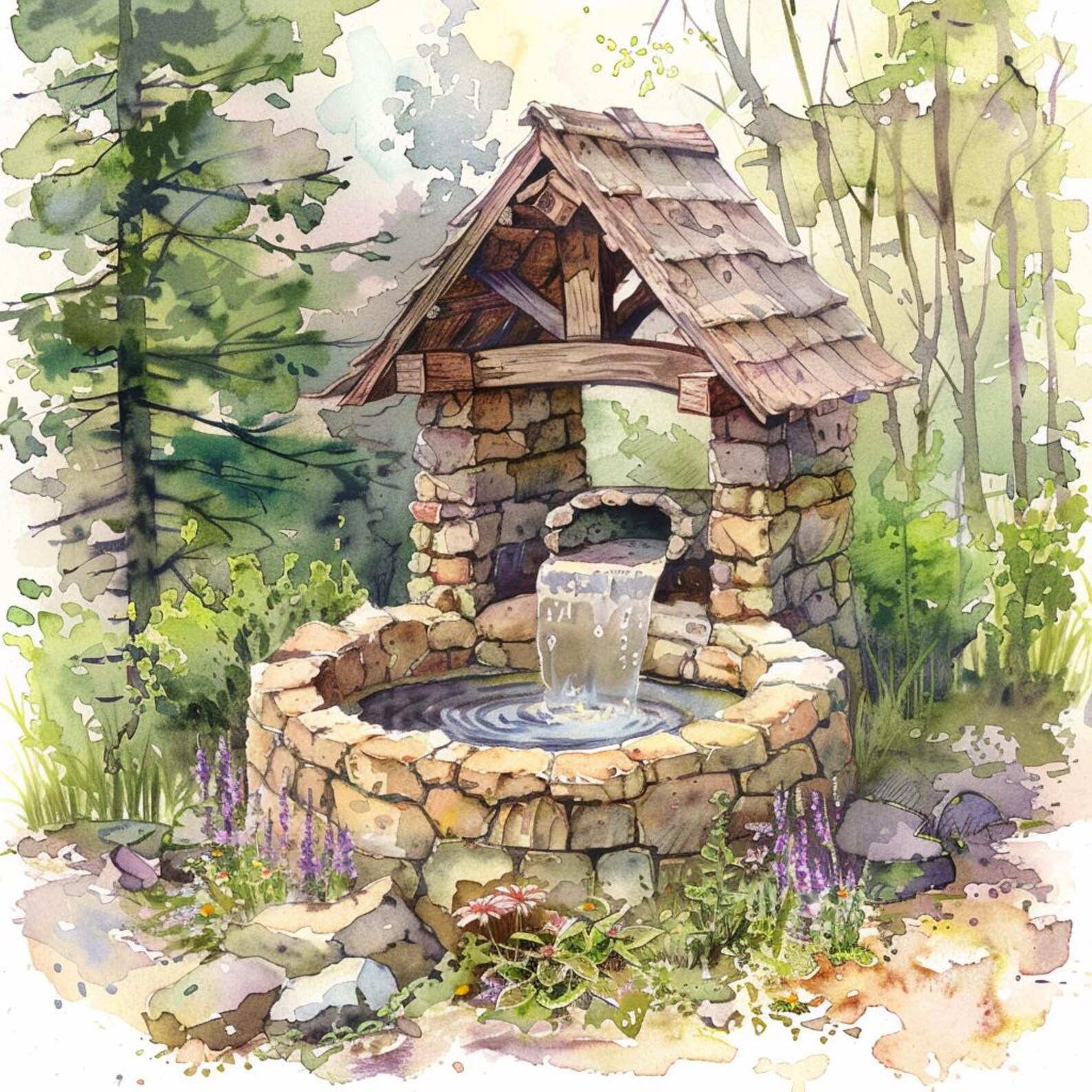 24 Hand Drawn Garden Well Clipart Digital Download, Watercolor Stone ...