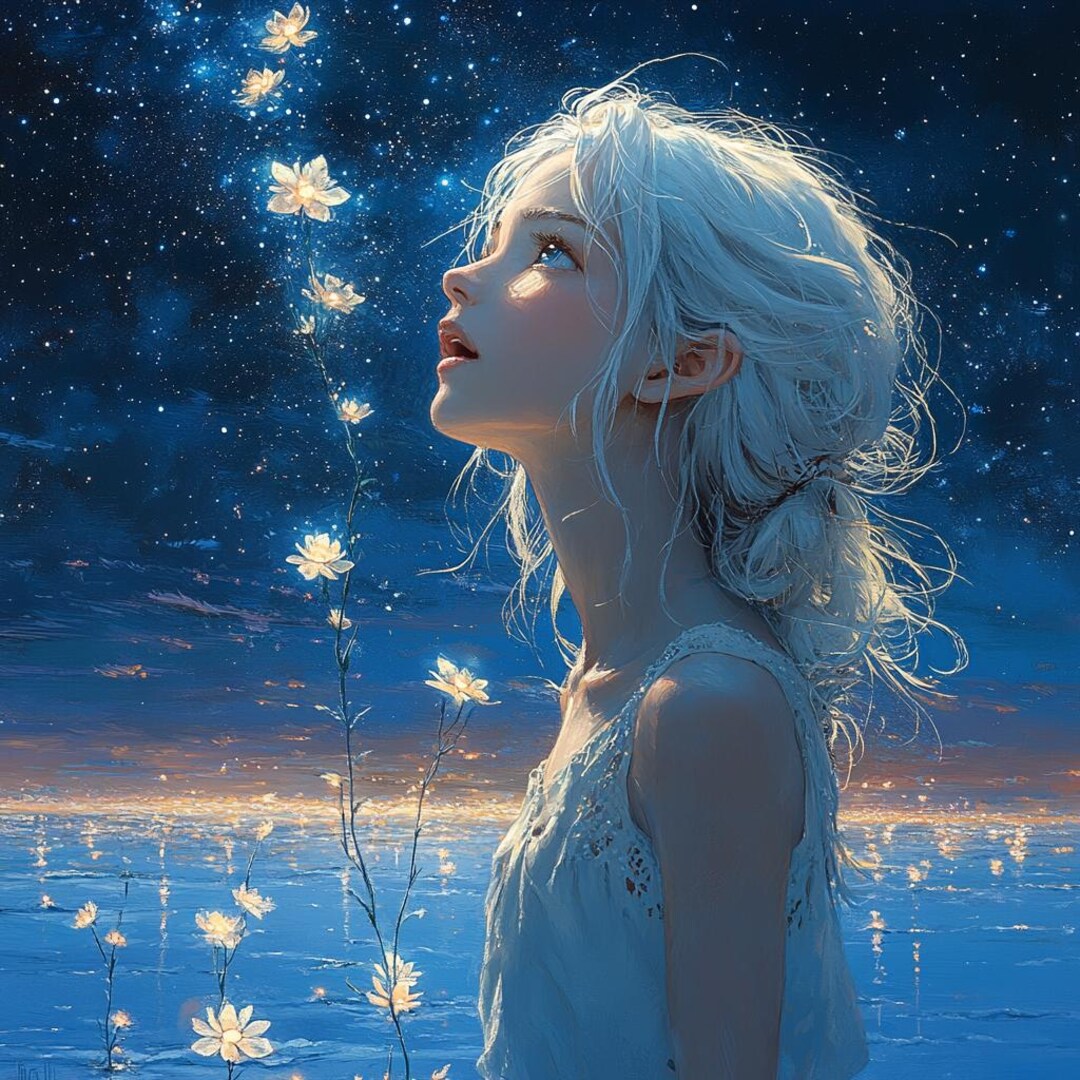 24 Enchanted Night Girl Clipart, Fantasy Starry Sky Art, Ethereal Girl Under Moonlight, Digital ...