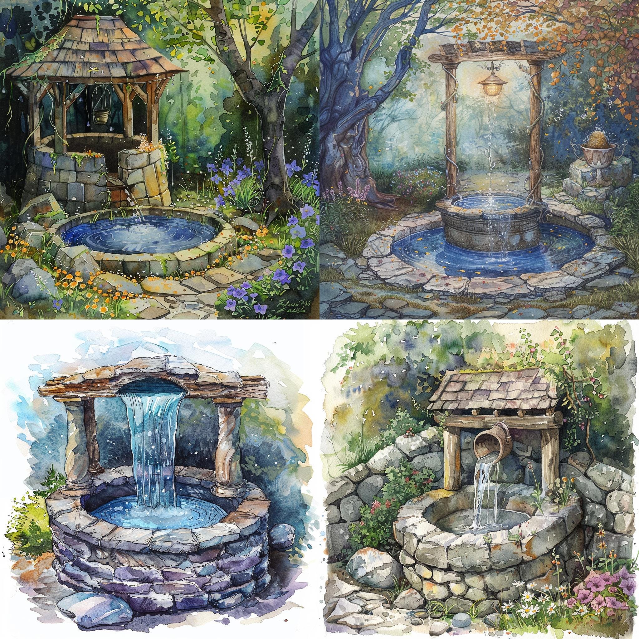 24 Hand Drawn Garden Well Clipart Digital Download, Watercolor Stone ...