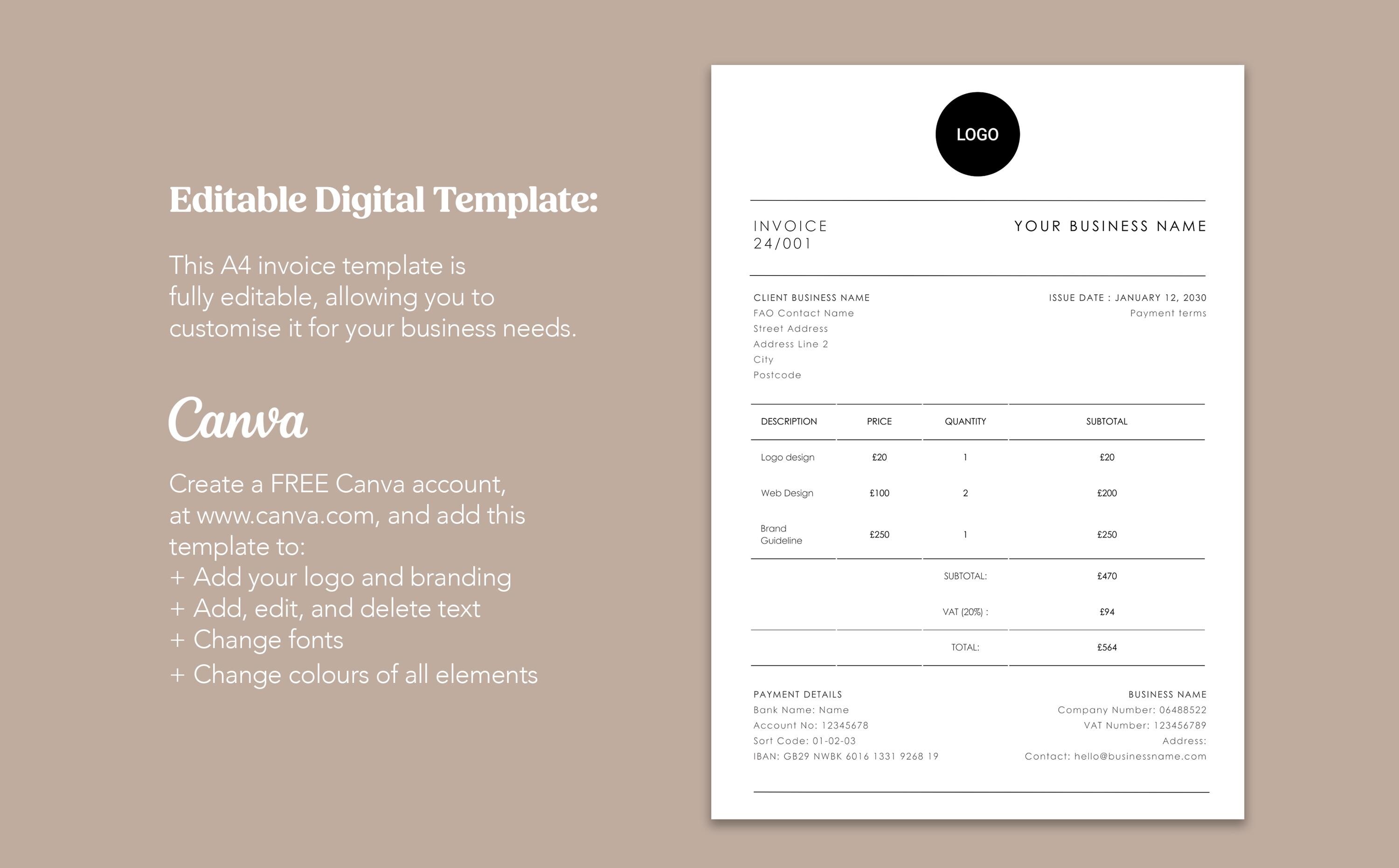 Invoice Template A4 Editable, Minimal, Business, Services, Invoice ...