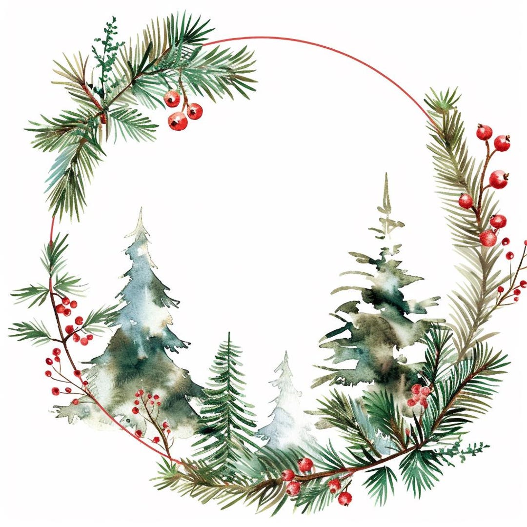 24 Christmas Clipart Wreath Digital Download, Watercolor Christmas Tree ...