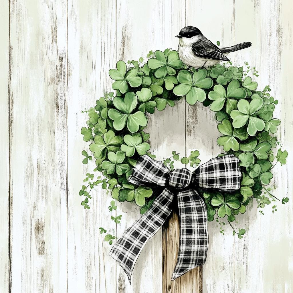 24 Rustic Shamrock Wreath Clipart With Bird and Bow, St Patrick's Day ...