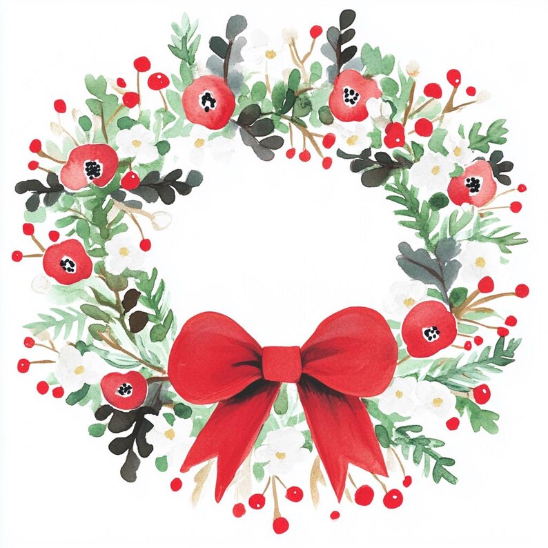 24 Christmas Floral Wreath Clipart, Red and White Holiday Digital ...