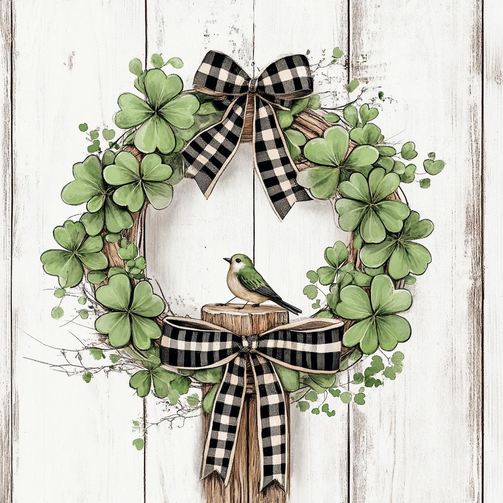 24 Rustic Shamrock Wreath Clipart With Bird and Bow, St Patrick's Day ...