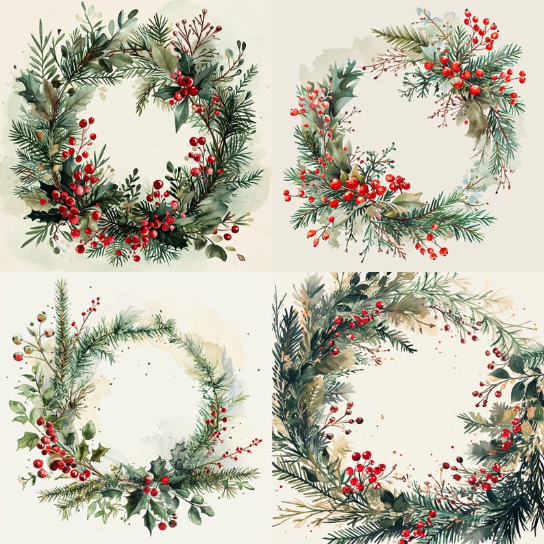 24 Christmas Wreath Clipart, Watercolor Festive Wreath, Holiday ...