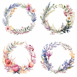 24 Floral Wreath Clipart, Watercolor Flower Border, Rustic Wedding ...