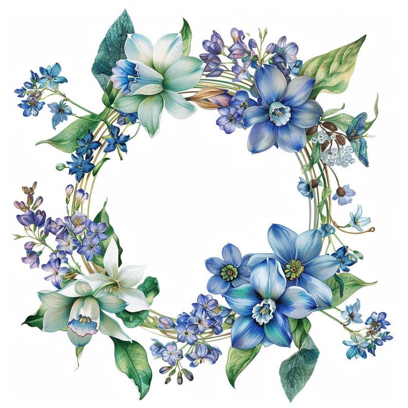 24 Blue Floral Wreath Clipart, Botanical Flower Bouquet Digital ...