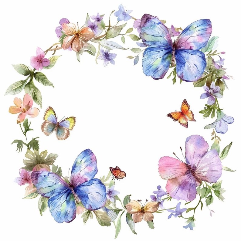 24 Watercolor Floral Corner Clipart, Butterfly Garden Digital ...