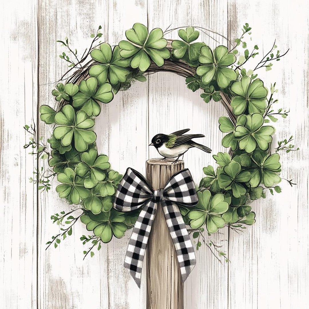 24 Rustic Shamrock Wreath Clipart With Bird and Bow, St Patrick's Day ...