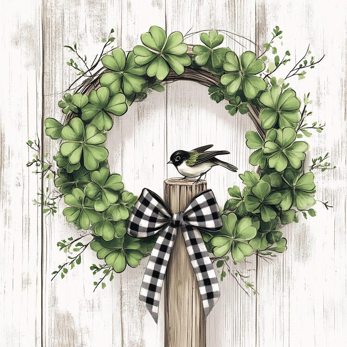 24 Rustic Shamrock Wreath Clipart With Bird and Bow, St Patrick's Day ...