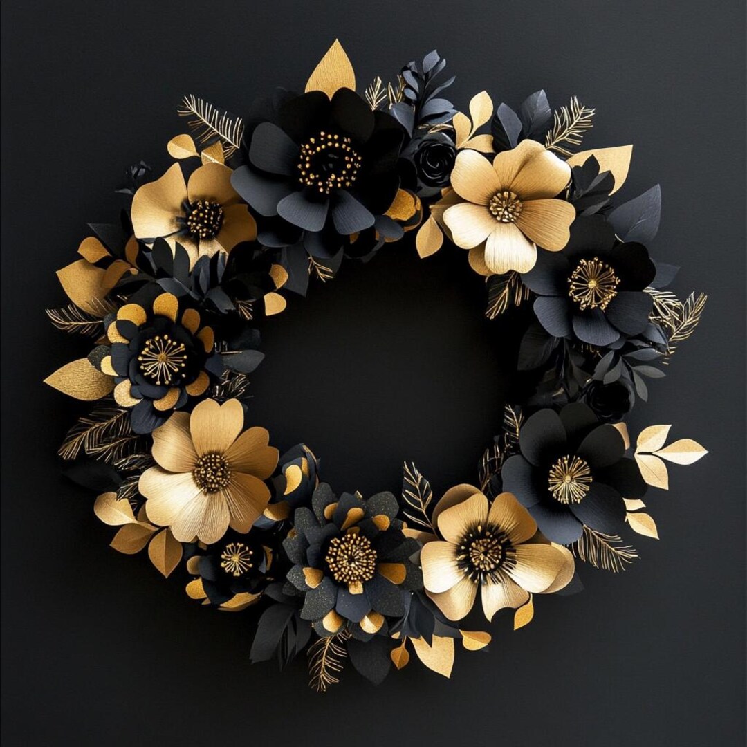24 Black and Gold Floral Wreath Clipart, Elegant Flower Wreath Digital ...