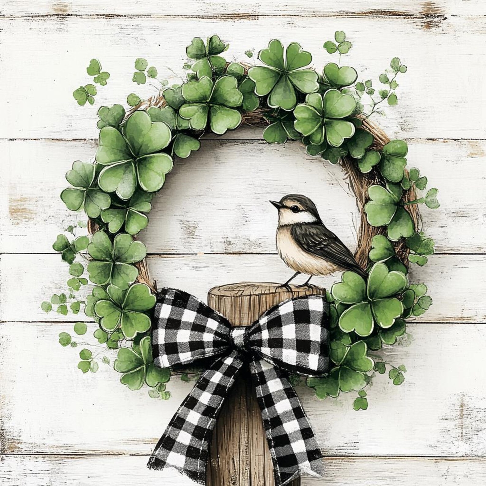 24 Rustic Shamrock Wreath Clipart With Bird and Bow, St Patrick's Day ...