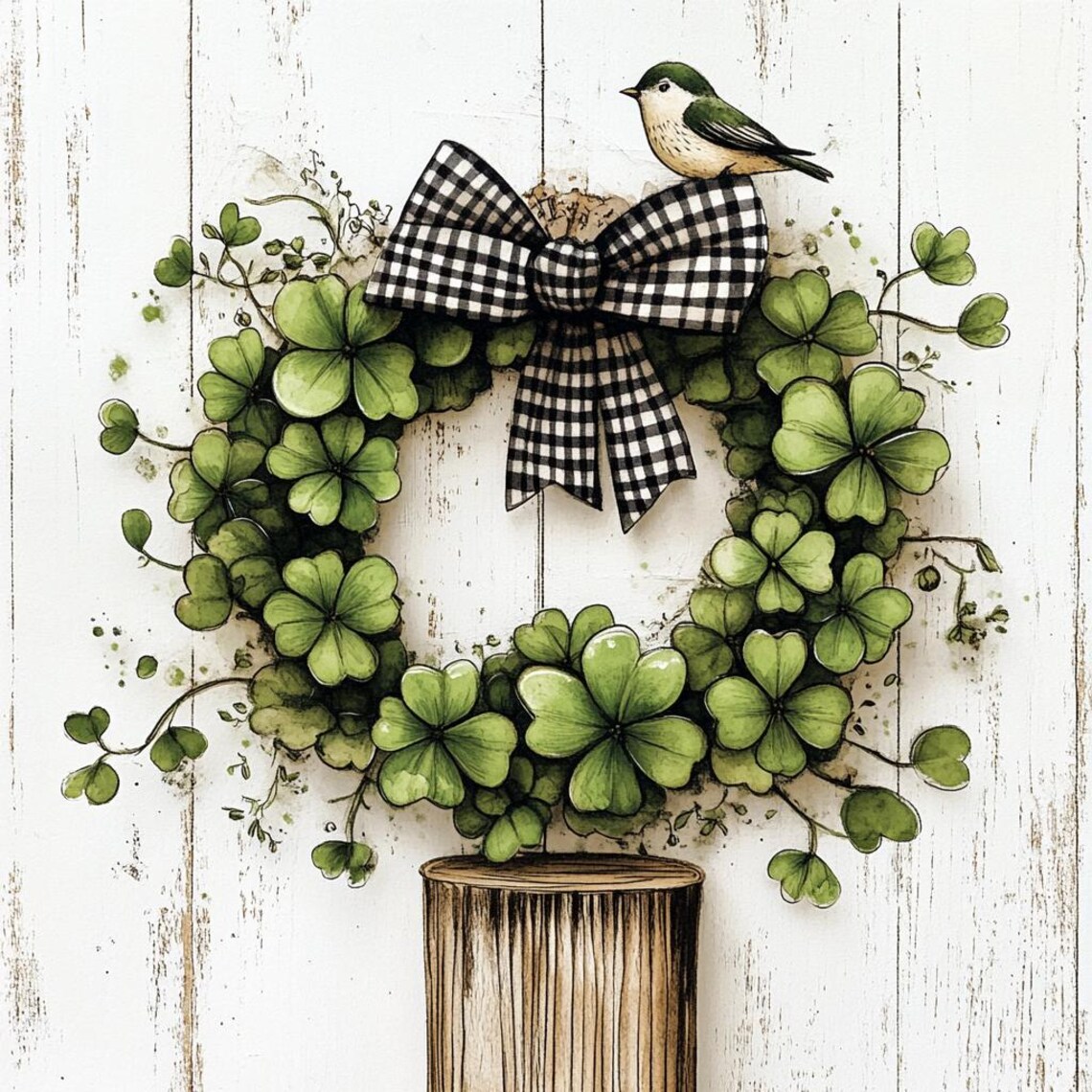 24 Rustic Shamrock Wreath Clipart With Bird and Bow, St Patrick's Day ...