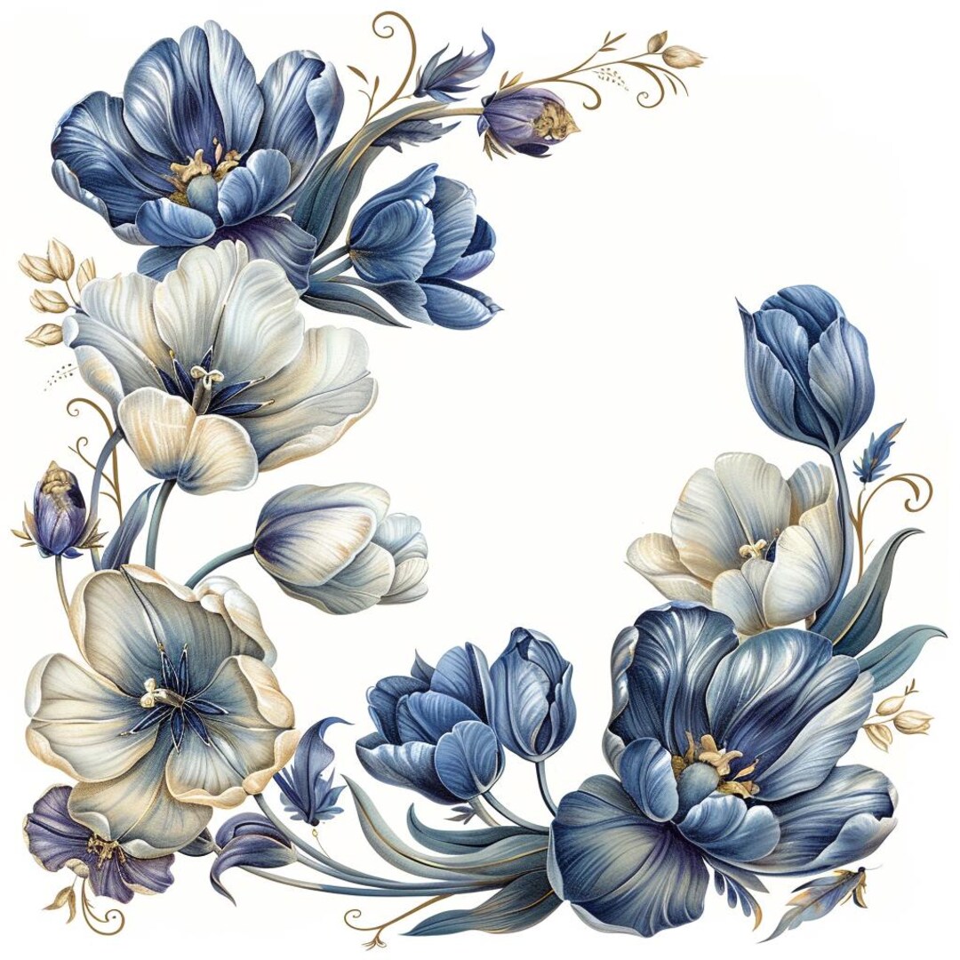 24 Elegant Blue and White Floral Frame Clipart, Digital Flower Border ...