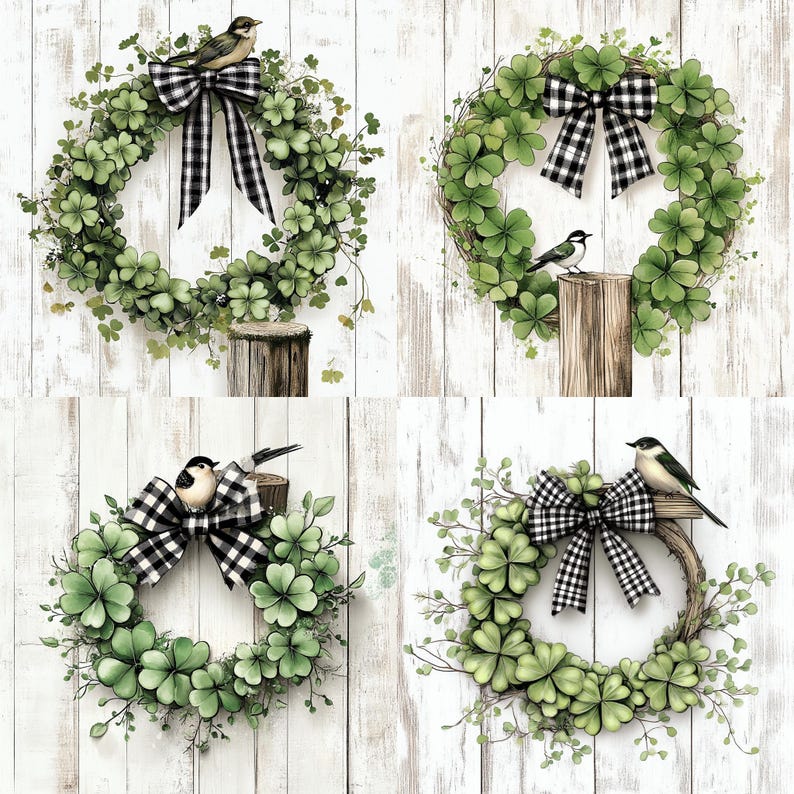 24 Rustic Shamrock Wreath Clipart With Bird and Bow, St Patrick's Day ...