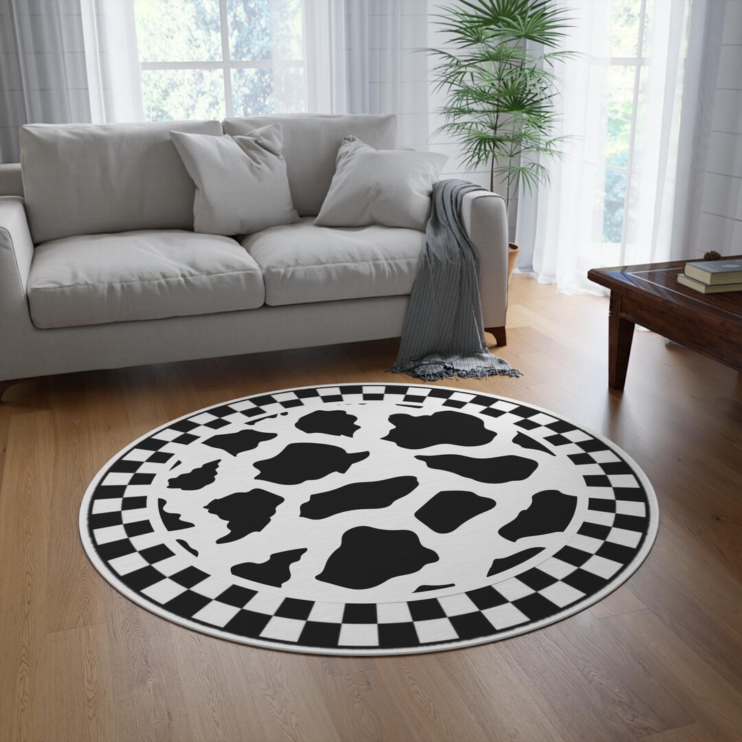 Cow Print Round Rug Black and White, White Background Rug, Boho Chic ...