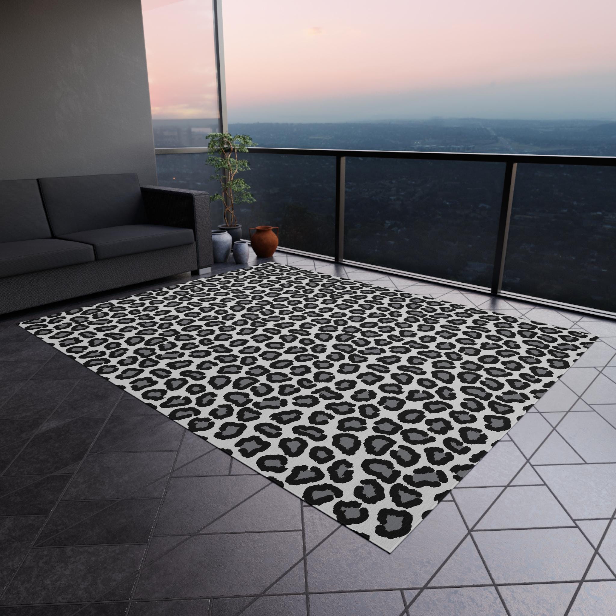 Leopard Print Outdoor Rug, Black White Gray Decoration, Patio Mat ...