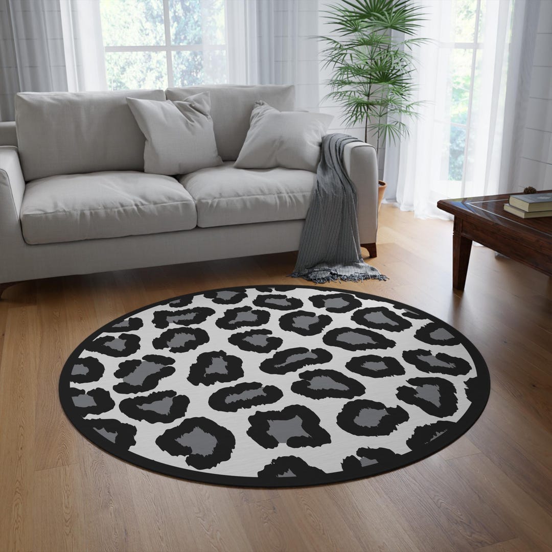 Round Rug, Black White Grey Leopard Print, Animal Print Area Rug ...