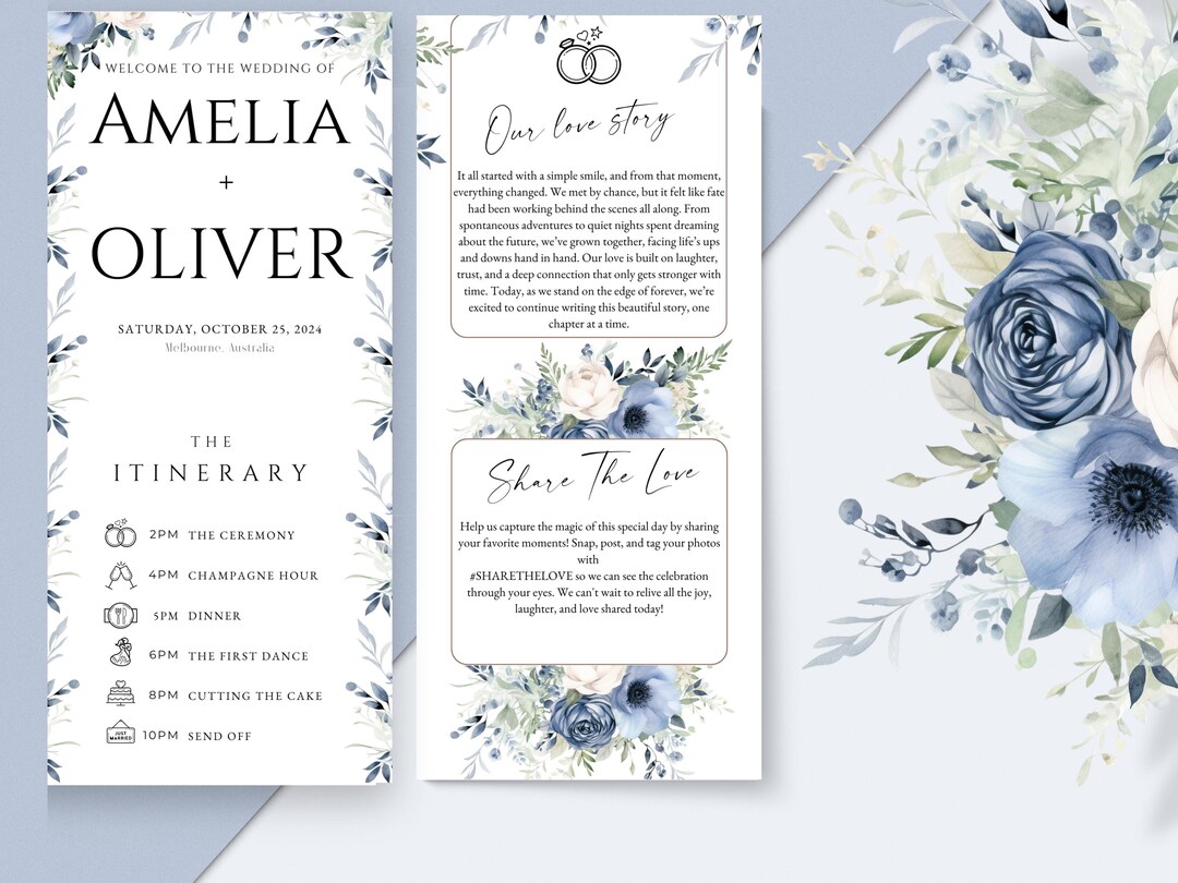 Dusty Blue Double-sided Wedding Program Template | Editable Canva ...