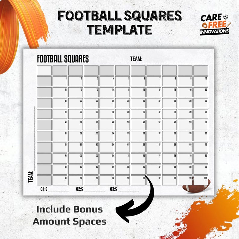 Football Squares Template, 100 Football Squares, Football Fundraiser ...