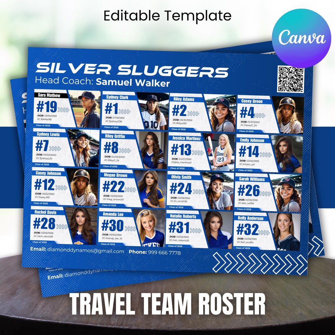 16 Player Travel Team Recruit Roster, Custom Team Roster Template for ...
