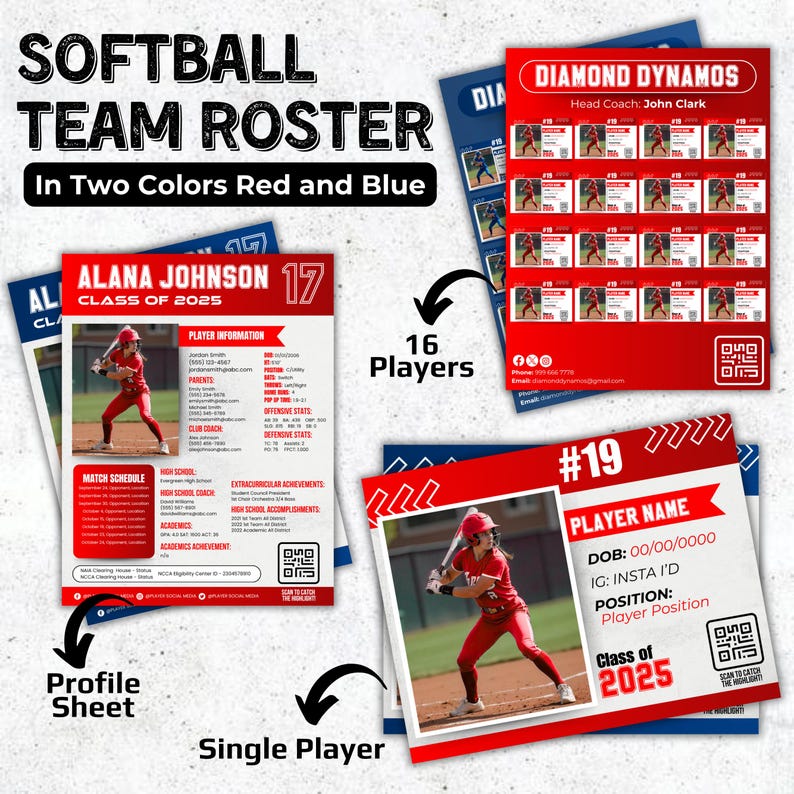 16 Player Travel Team Roster, Sports Profile Sheet Template, Softball ...