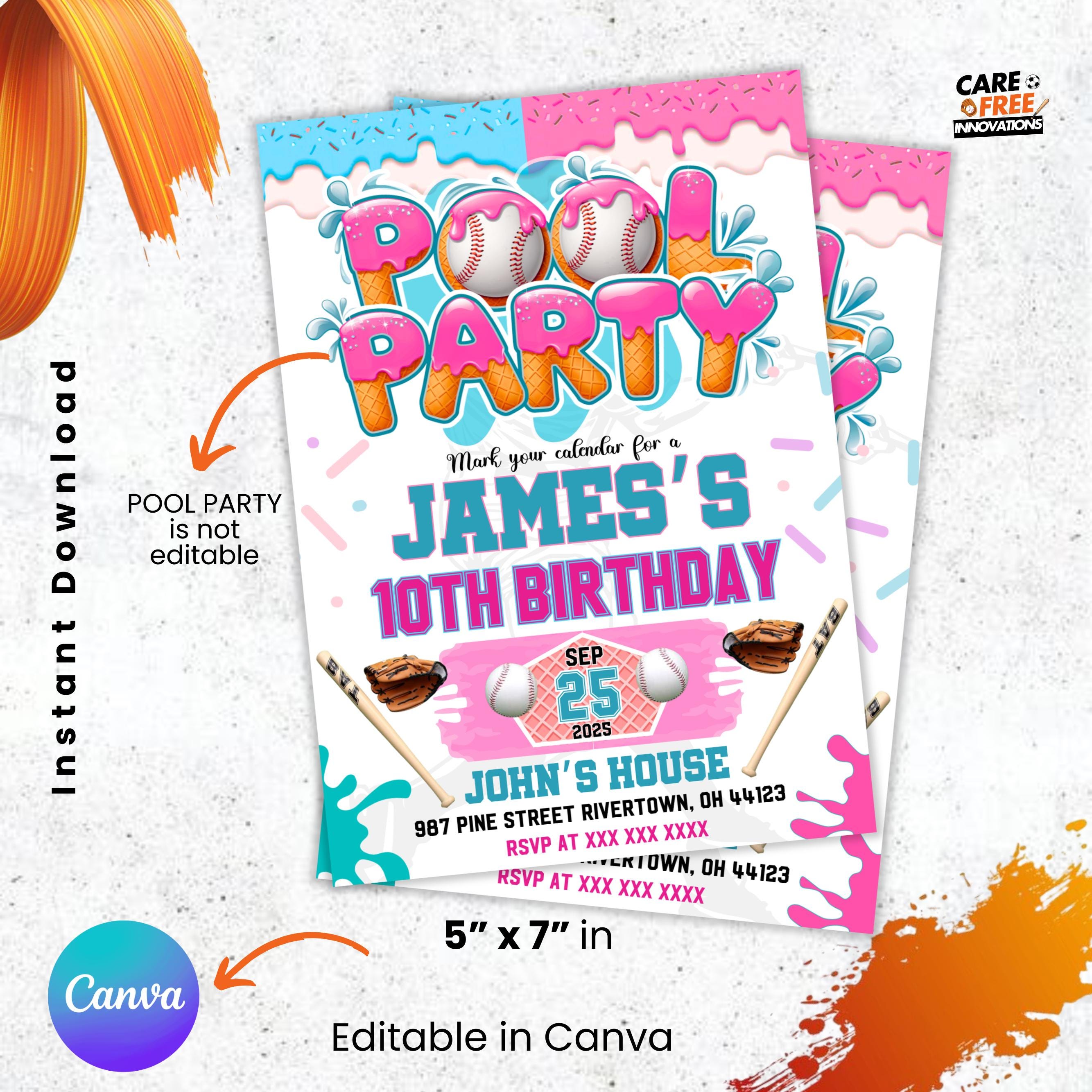 Baseball Drip Pool Party Invitation, Summer Party Invite, Ice Cream ...