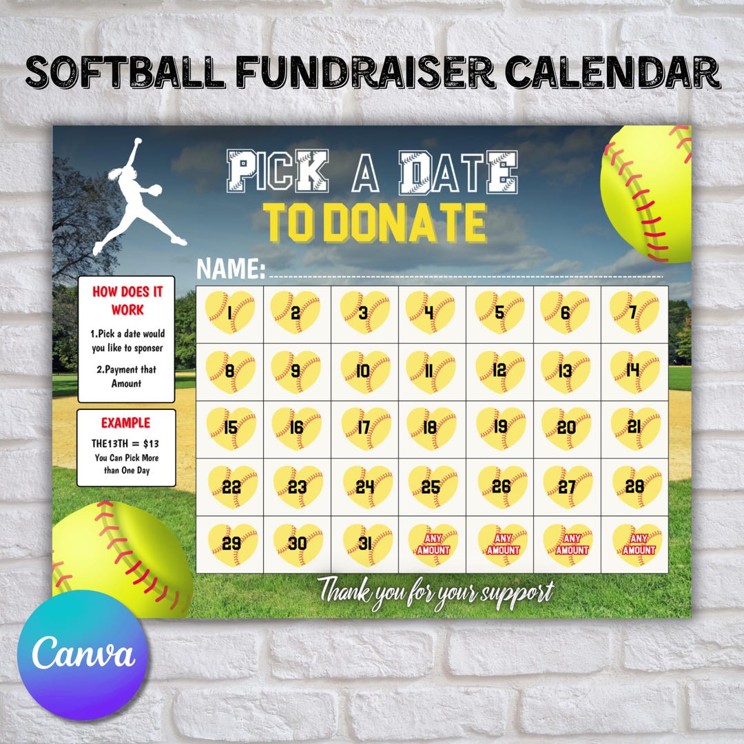 Editable Softball Fundraiser Calendar, Calendar Fundraiser, Fundraiser ...