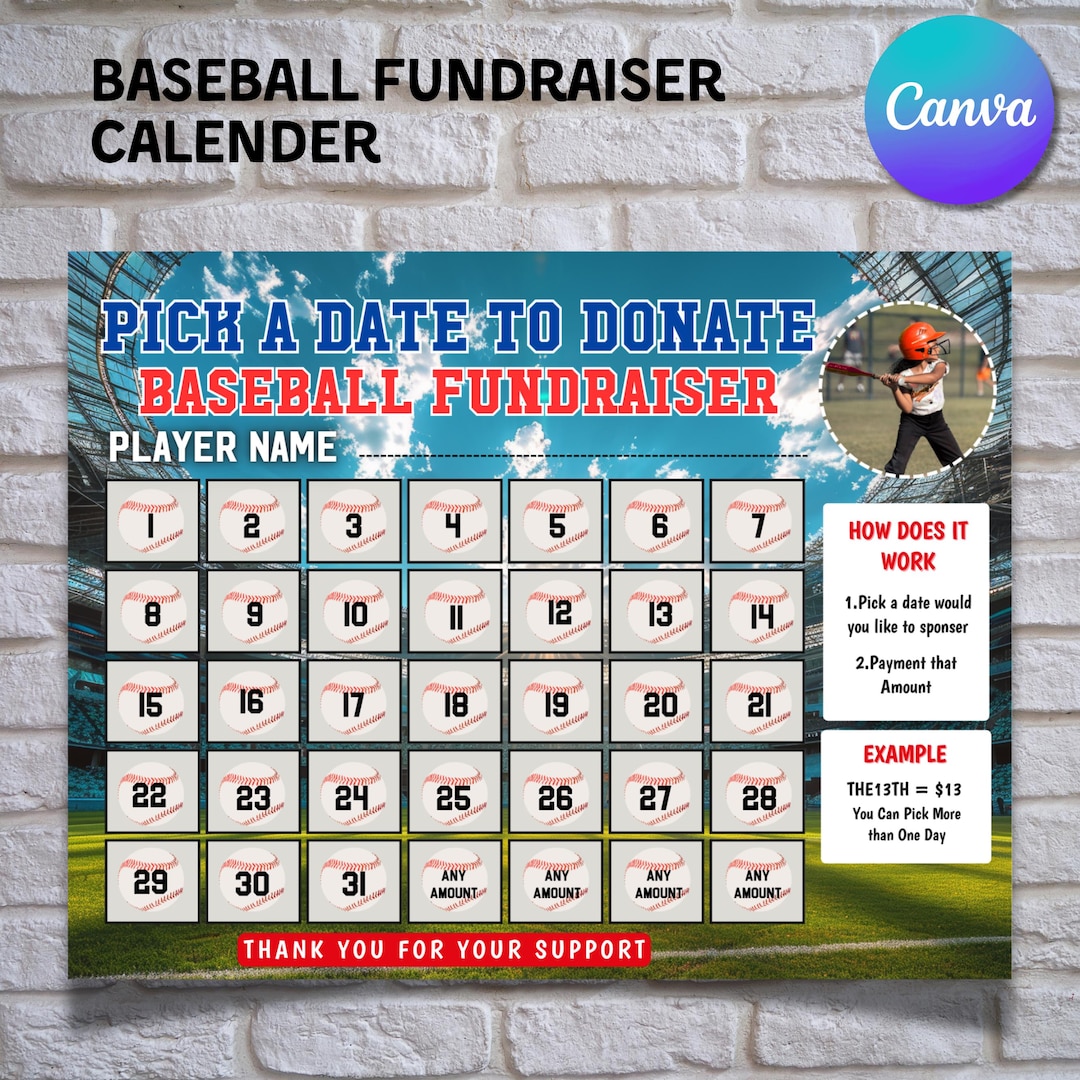 Editable Baseball Fundraiser Calendar 2025, Pick a Date Baseball ...