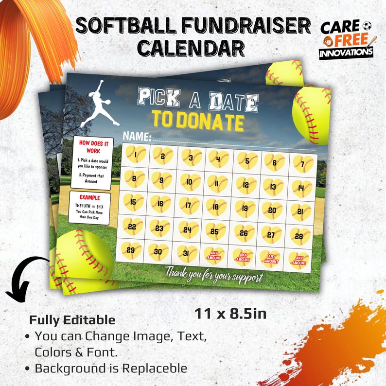 Softball Fundraising Calendar 2025, Sports Fundraiser DIY, Donation Tracker Fundraiser Template ...