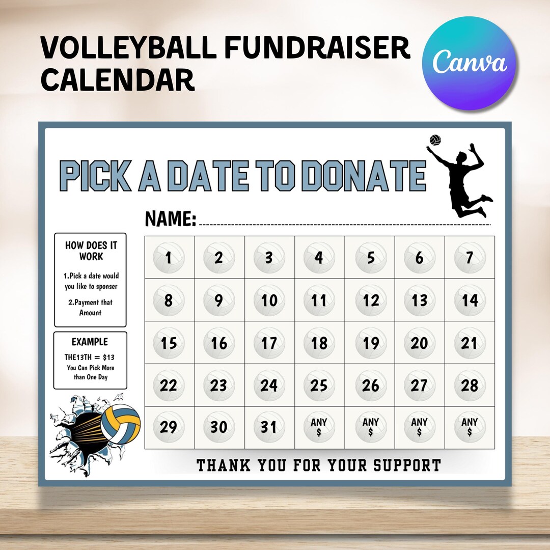 Volleyball Fundraising Calendar, Pick a Date Donation Volleyball ...