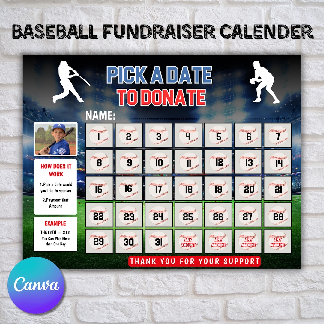 Editable Baseball Fundraiser Calendar 2025, Pick a Date Baseball ...