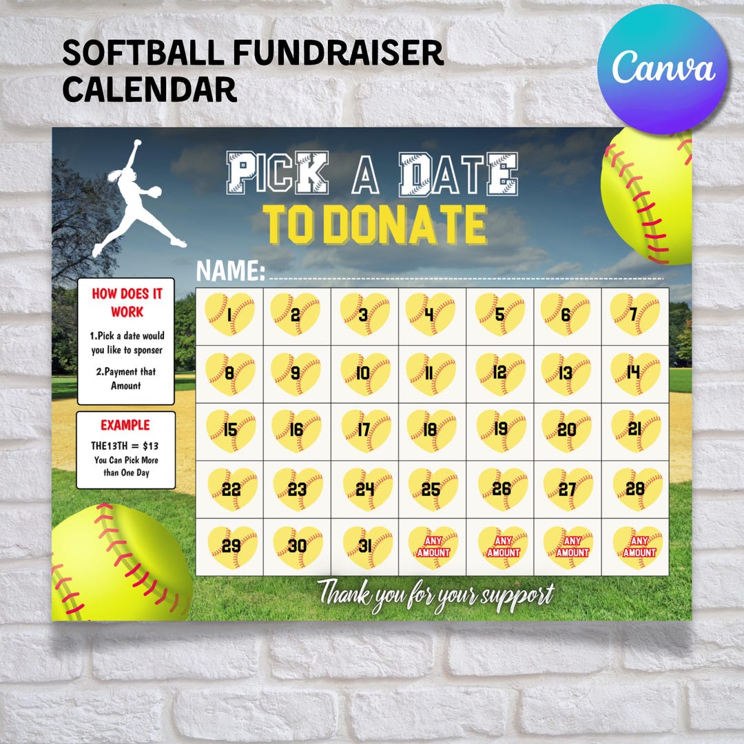 Softball Calendar Fundraiser, Softball Fundraiser Template, Pick a Date ...