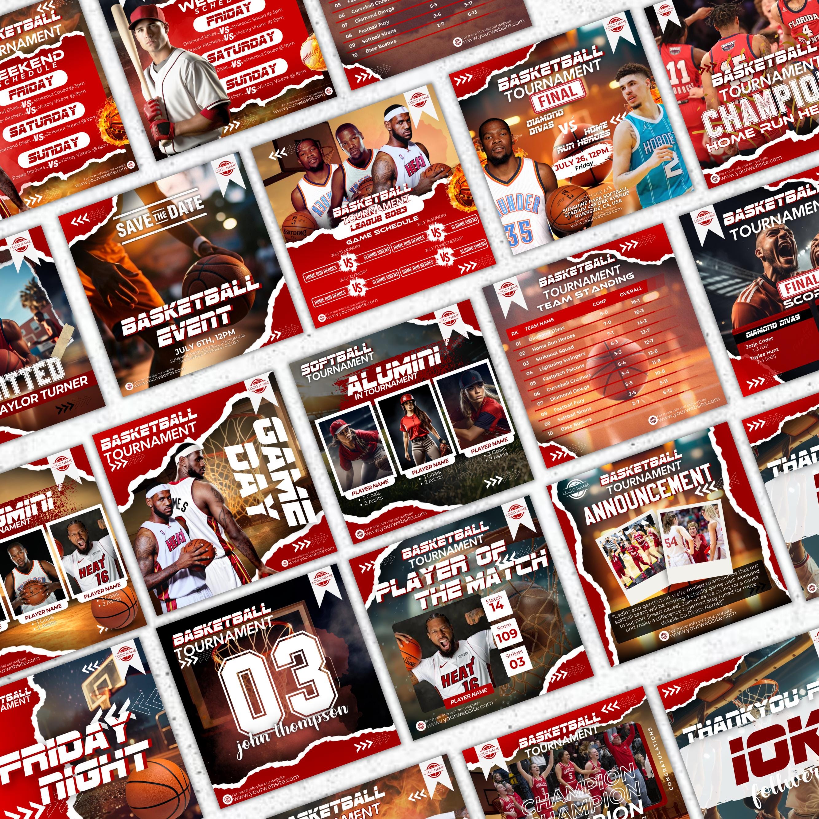 Basketball Instagram Posts Bundle, 20 Canva Basketball Templates ...
